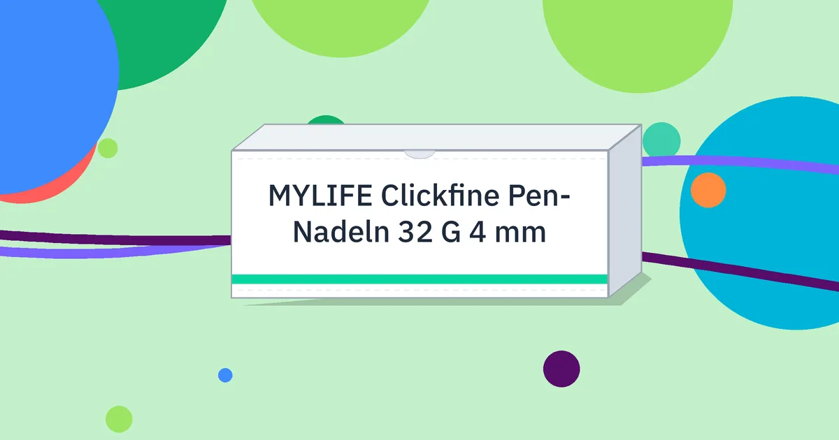 Symbolbild: Packung mit der Aufschrift MYLIFE Clickfine Pen-Nadeln 32 G 4 mm (PZN 19645691) – Verfügbarkeit und Bezug in Apotheken in Frankfurt am Main