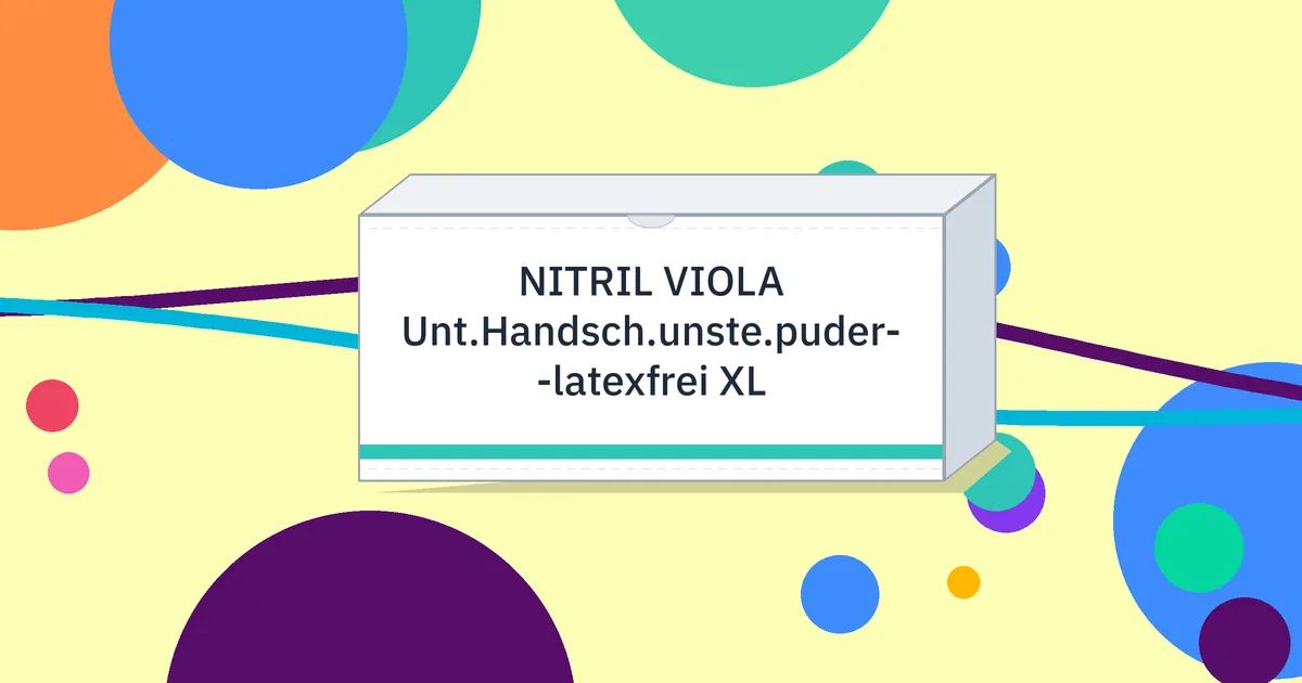 Symbolbild: Packung mit der Aufschrift NITRIL VIOLA Unt.Handsch.unste.puder--latexfrei XL (PZN 18098560) – Verfügbarkeit und Bezug in Apotheken in Frankfurt am Main