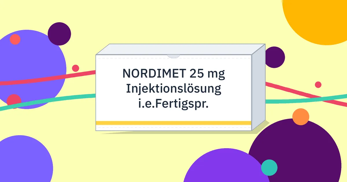 Symbolbild: Packung mit der Aufschrift NORDIMET 25 mg Injektionslösung i.e.Fertigspr. (PZN 15265023) – Verfügbarkeit und Bezug in Apotheken in Frankfurt am Main