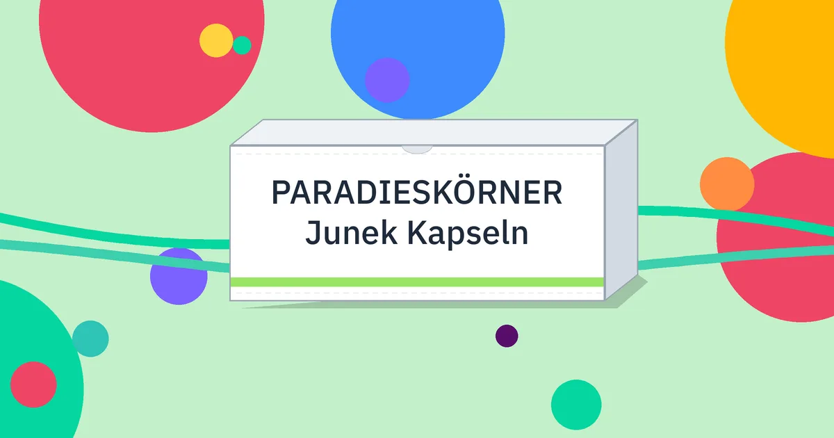 Symbolbild: Packung mit der Aufschrift PARADIESKÖRNER Junek Kapseln (PZN 20856648) – Verfügbarkeit und Bezug in Apotheken in Frankfurt am Main