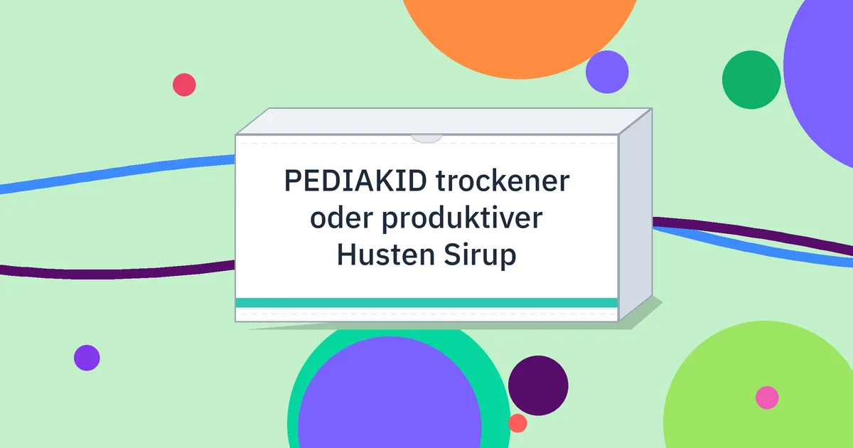 Symbolbild: Packung mit der Aufschrift PEDIAKID trockener oder produktiver Husten Sirup (PZN 19542301) – Verfügbarkeit und Bezug in Apotheken in Frankfurt am Main