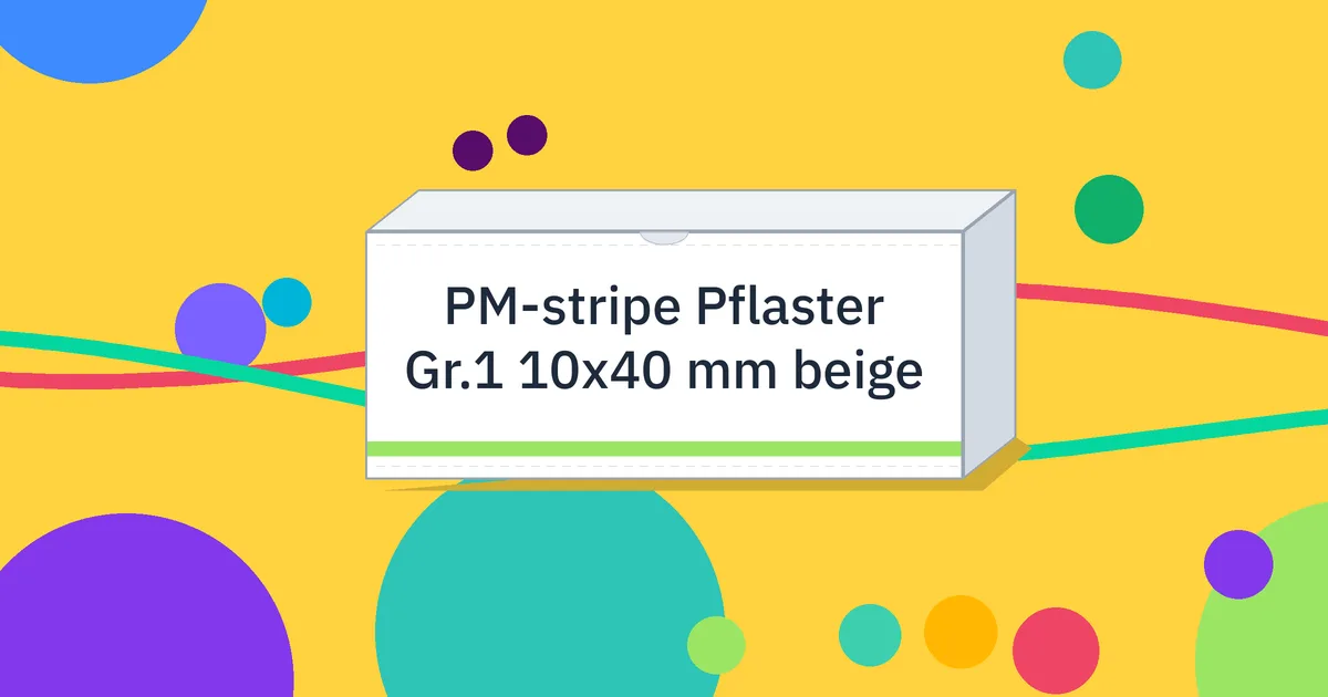 Symbolbild: Packung mit der Aufschrift PM-stripe Pflaster Gr.1 10x40 mm beige (PZN 18844715) – Verfügbarkeit und Bezug in Apotheken in Frankfurt am Main