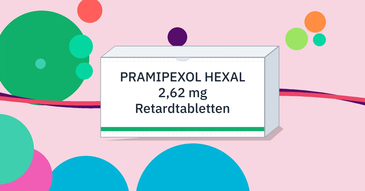 Symbolbild: Packung mit der Aufschrift PRAMIPEXOL HEXAL 2,62 mg Retardtabletten (PZN 08455094) – Verfügbarkeit und Bezug in Apotheken in Frankfurt am Main