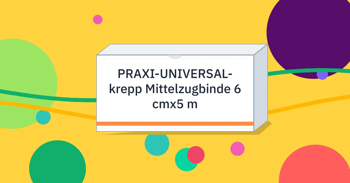 Symbolbild: Packung mit der Aufschrift PRAXI-UNIVERSAL-krepp Mittelzugbinde 6 cmx5 m (PZN 12828187) – Verfügbarkeit und Bezug in Apotheken in Frankfurt am Main