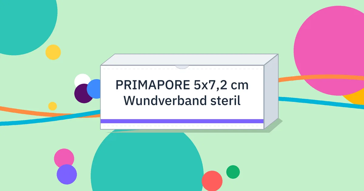 Symbolbild: Packung mit der Aufschrift PRIMAPORE 5x7,2 cm Wundverband steril (PZN 14274451) – Verfügbarkeit und Bezug in Apotheken in Frankfurt am Main