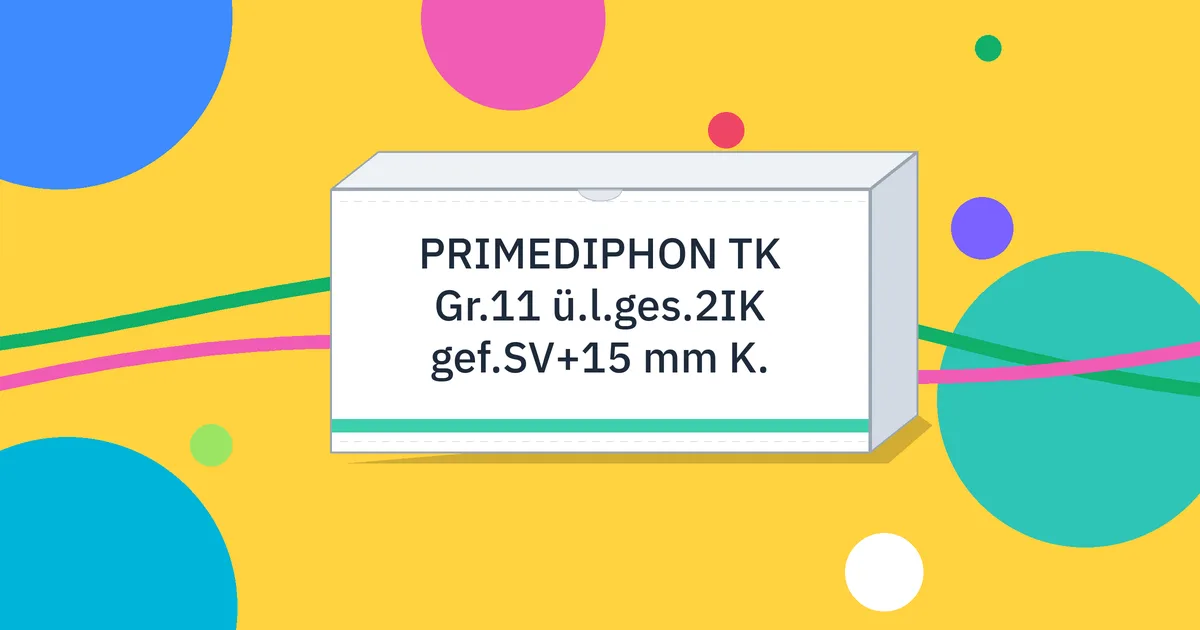 Symbolbild: Packung mit der Aufschrift PRIMEDIPHON TK Gr.11 ü.l.ges.2IK gef.SV+15 mm K. (PZN 11375884) – Verfügbarkeit und Bezug in Apotheken in Frankfurt am Main