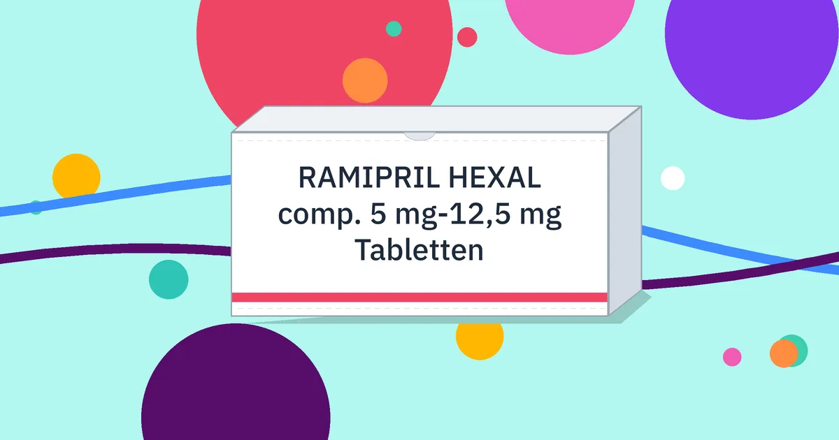 Symbolbild: Packung mit der Aufschrift RAMIPRIL HEXAL comp. 5 mg-12,5 mg Tabletten (PZN 06132599) – Verfügbarkeit und Bezug in Apotheken in Frankfurt am Main