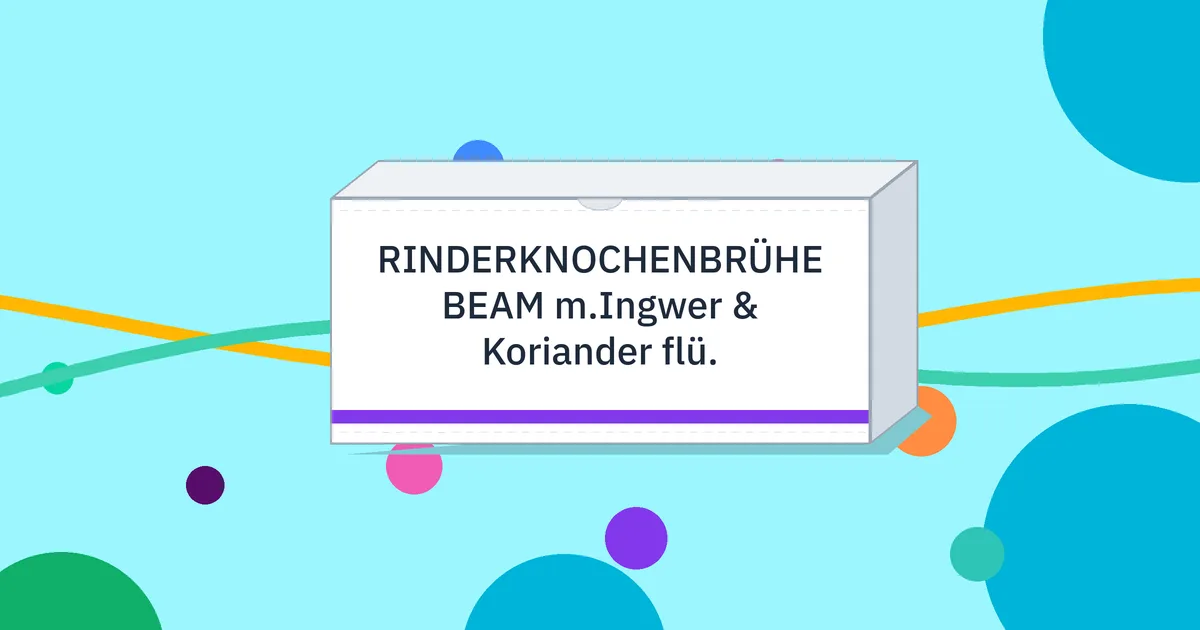 Symbolbild: Packung mit der Aufschrift RINDERKNOCHENBRÜHE BEAM m.Ingwer & Koriander flü. (PZN 13834787) – Verfügbarkeit und Bezug in Apotheken in Frankfurt am Main
