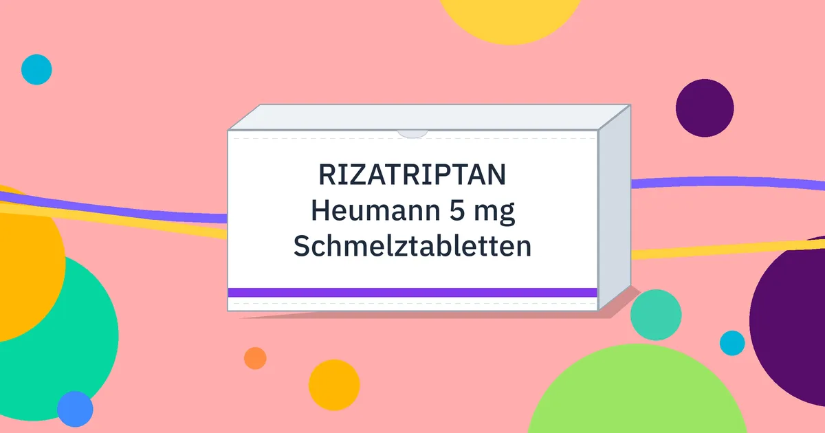 Symbolbild: Packung mit der Aufschrift RIZATRIPTAN Heumann 5 mg Schmelztabletten (PZN 11871399) – Verfügbarkeit und Bezug in Apotheken in Frankfurt am Main