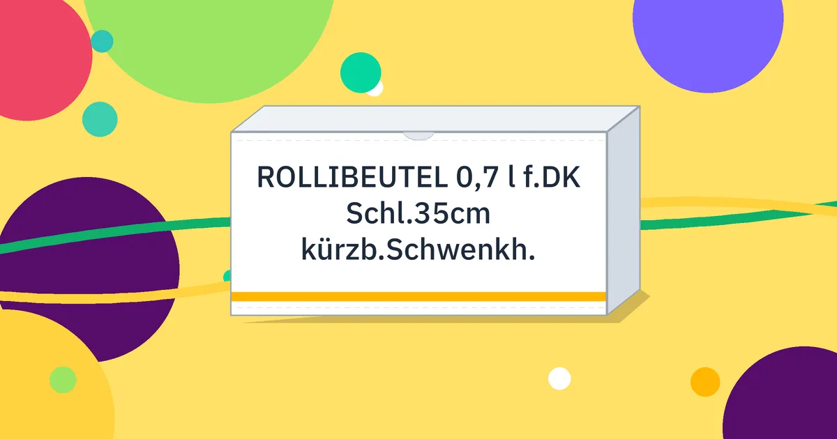 Symbolbild: Packung mit der Aufschrift ROLLIBEUTEL 0,7 l f.DK Schl.35cm kürzb.Schwenkh. (PZN 06095556) – Verfügbarkeit und Bezug in Apotheken in Frankfurt am Main