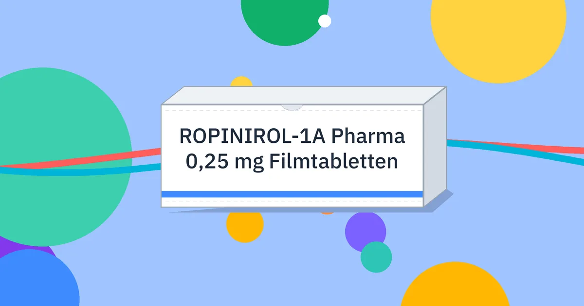 Symbolbild: Packung mit der Aufschrift ROPINIROL-1A Pharma 0,25 mg Filmtabletten (PZN 05460226) – Verfügbarkeit und Bezug in Apotheken in Frankfurt am Main