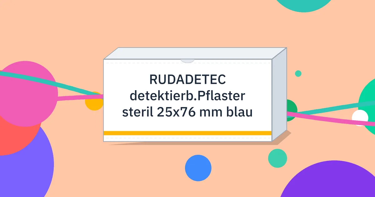 Symbolbild: Packung mit der Aufschrift RUDADETEC detektierb.Pflaster steril 25x76 mm blau (PZN 15879469) – Verfügbarkeit und Bezug in Apotheken in Frankfurt am Main