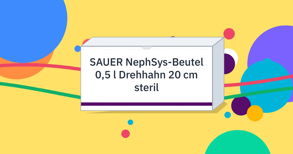 Symbolbild: Packung mit der Aufschrift SAUER NephSys-Beutel 0,5 l Drehhahn 20 cm steril (PZN 18154873) – Verfügbarkeit und Bezug in Apotheken in Frankfurt am Main
