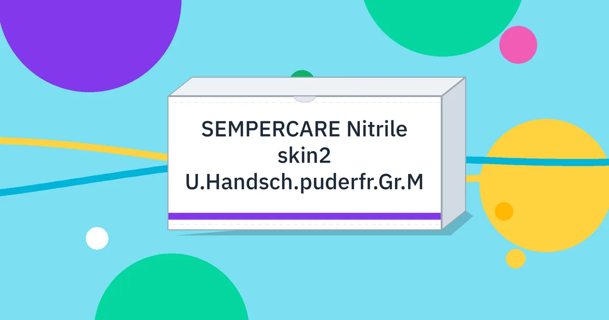 Symbolbild: Packung mit der Aufschrift SEMPERCARE Nitrile skin2 U.Handsch.puderfr.Gr.M (PZN 16885609) – Verfügbarkeit und Bezug in Apotheken in Frankfurt am Main