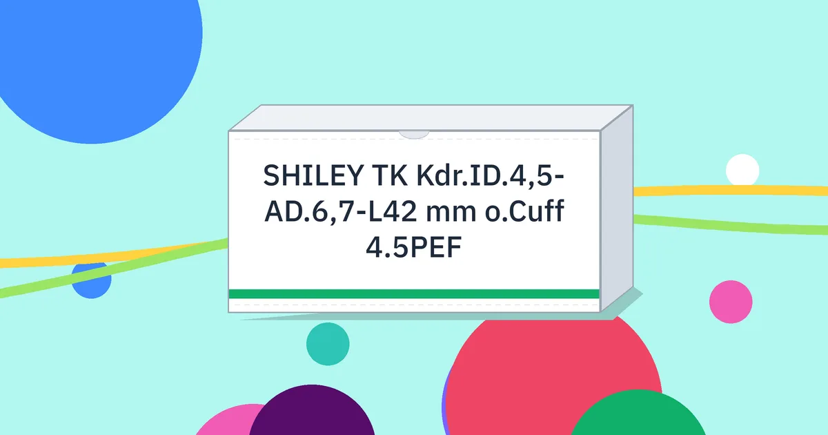 Symbolbild: Packung mit der Aufschrift SHILEY TK Kdr.ID.4,5-AD.6,7-L42 mm o.Cuff 4.5PEF (PZN 16510967) – Verfügbarkeit und Bezug in Apotheken in Frankfurt am Main