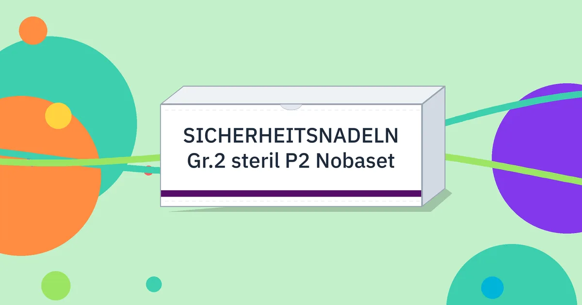 Symbolbild: Packung mit der Aufschrift SICHERHEITSNADELN Gr.2 steril P2 Nobaset (PZN 18351094) – Verfügbarkeit und Bezug in Apotheken in Frankfurt am Main