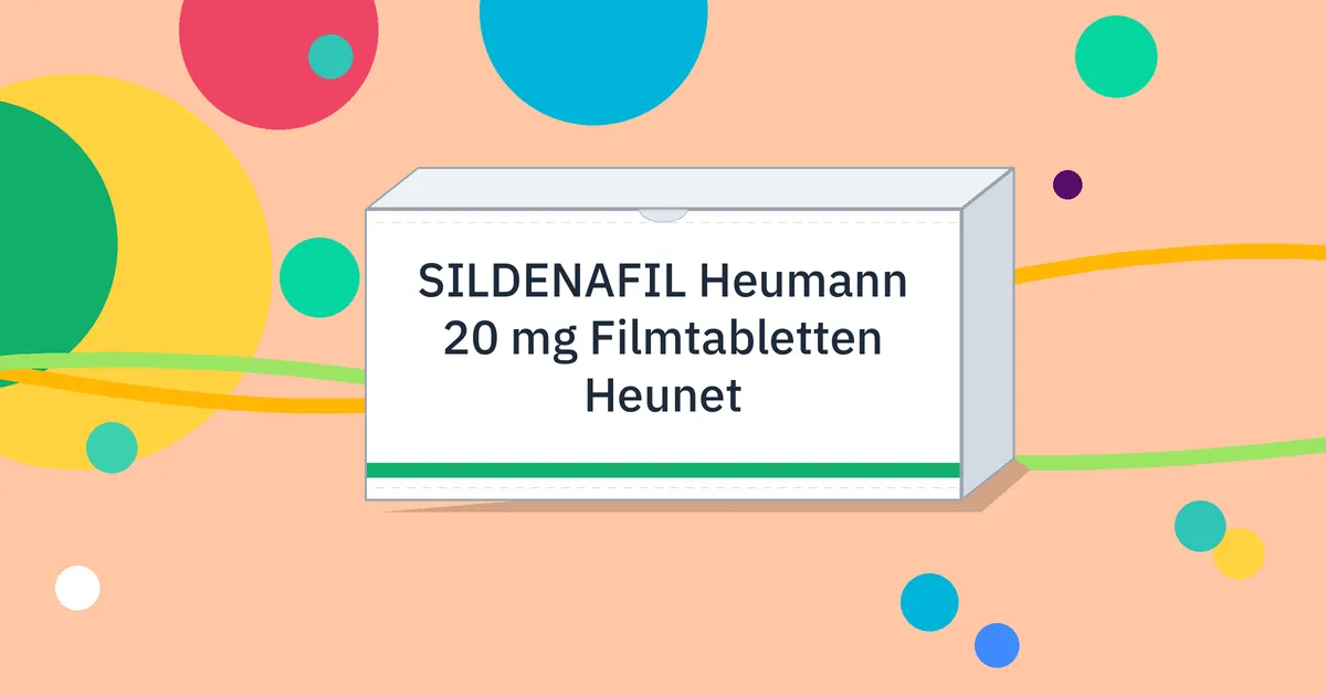 Symbolbild: Packung mit der Aufschrift SILDENAFIL Heumann 20 mg Filmtabletten Heunet (PZN 16060263) – Verfügbarkeit und Bezug in Apotheken in Frankfurt am Main