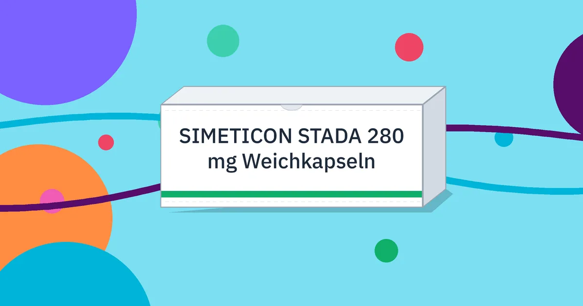Symbolbild: Packung mit der Aufschrift SIMETICON STADA 280 mg Weichkapseln (PZN 16944507) – Verfügbarkeit und Bezug in Apotheken in Frankfurt am Main