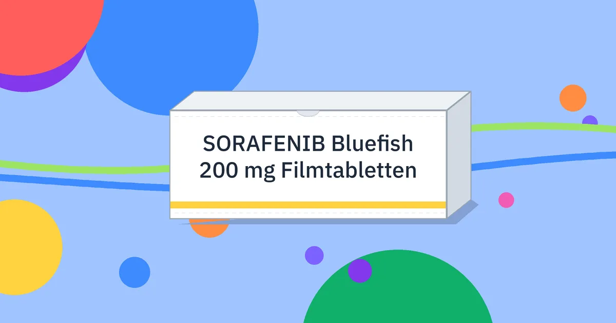 Symbolbild: Packung mit der Aufschrift SORAFENIB Bluefish 200 mg Filmtabletten (PZN 18708685) – Verfügbarkeit und Bezug in Apotheken in Frankfurt am Main