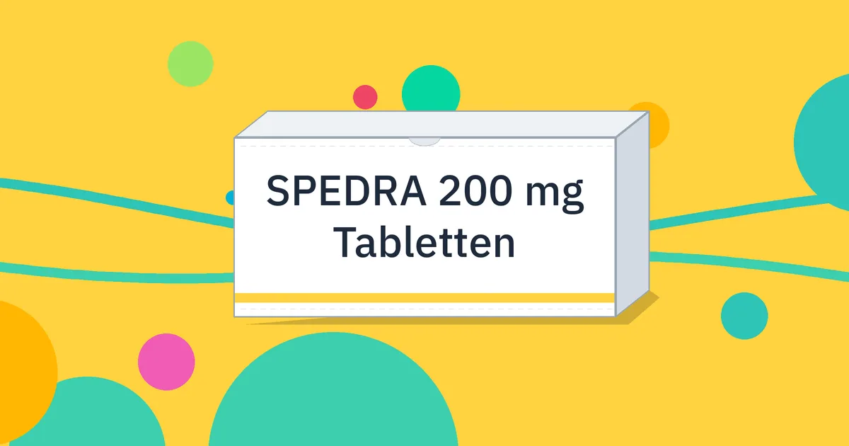 Symbolbild: Packung mit der Aufschrift SPEDRA 200 mg Tabletten (PZN 10130583) – Verfügbarkeit und Bezug in Apotheken in Frankfurt am Main