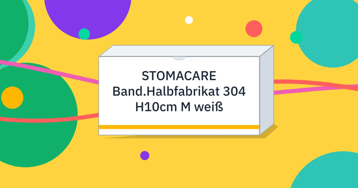 Symbolbild: Packung mit der Aufschrift STOMACARE Band.Halbfabrikat 304 H10cm M weiß (PZN 03415931) – Verfügbarkeit und Bezug in Apotheken in Frankfurt am Main