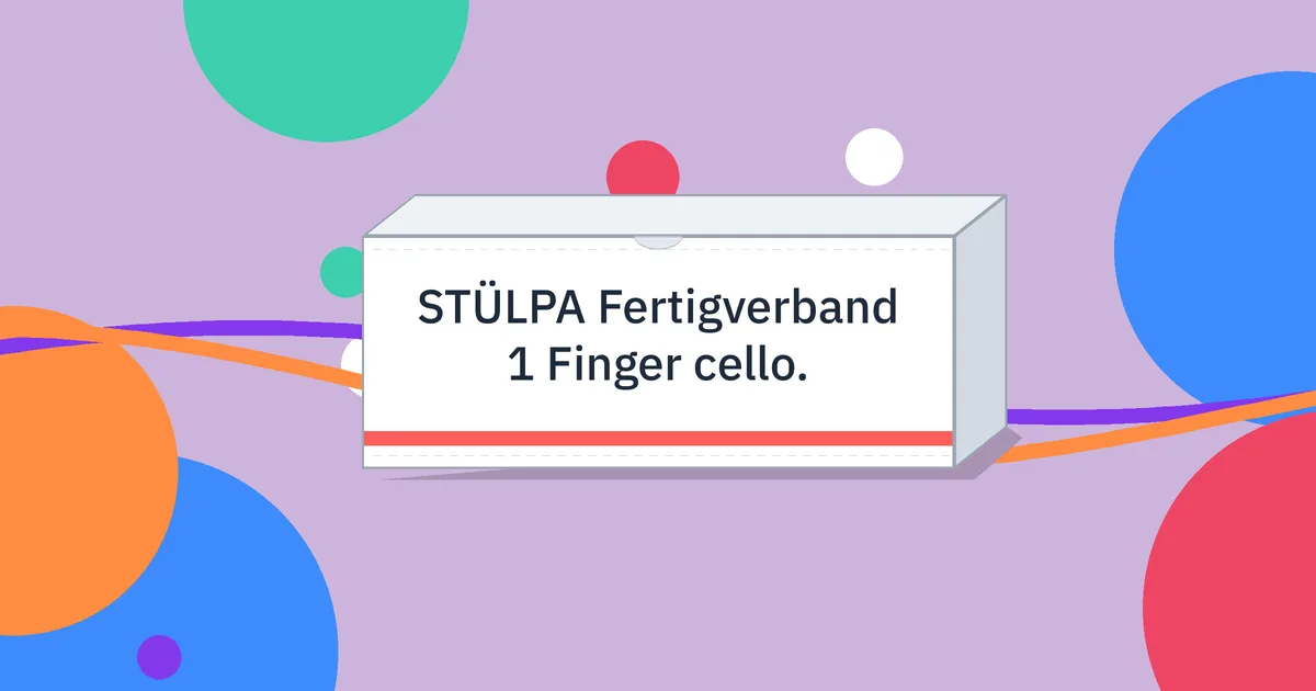 Symbolbild: Packung mit der Aufschrift STÜLPA Fertigverband 1 Finger cello. (PZN 09395454) – Verfügbarkeit und Bezug in Apotheken in Frankfurt am Main