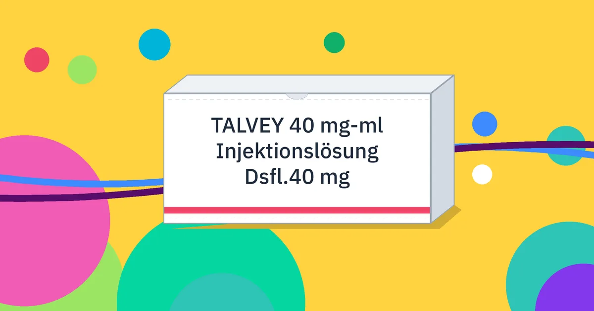 Symbolbild: Packung mit der Aufschrift TALVEY 40 mg-ml Injektionslösung Dsfl.40 mg (PZN 18754633) – Verfügbarkeit und Bezug in Apotheken in Frankfurt am Main