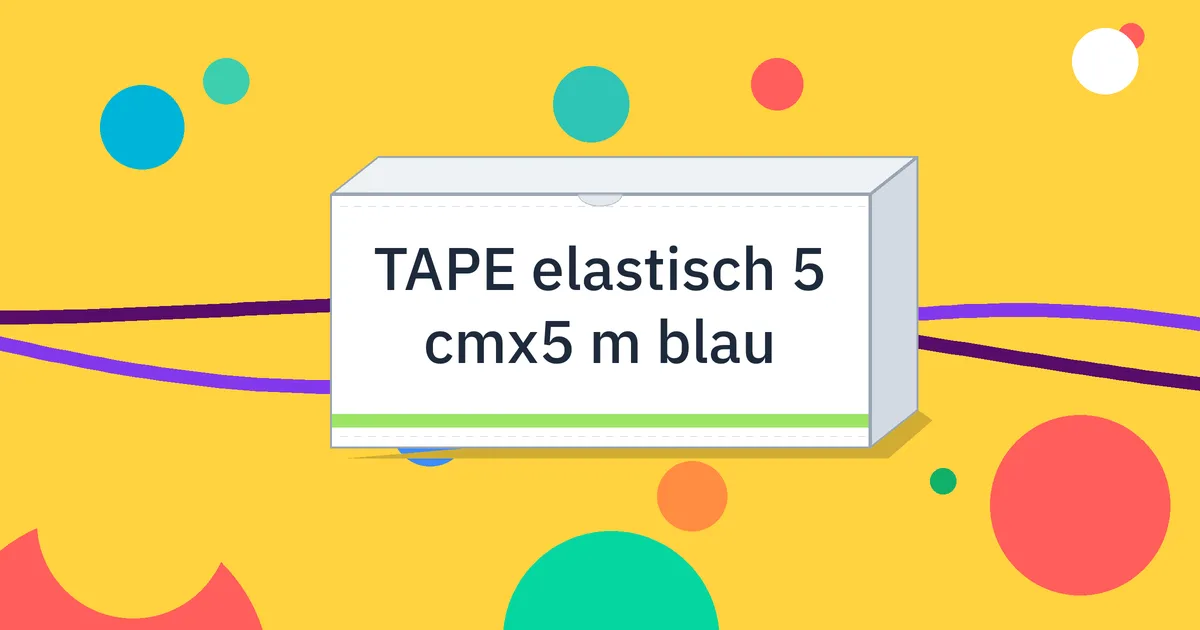 Symbolbild: Packung mit der Aufschrift TAPE elastisch 5 cmx5 m blau (PZN 09303699) – Verfügbarkeit und Bezug in Apotheken in Frankfurt am Main