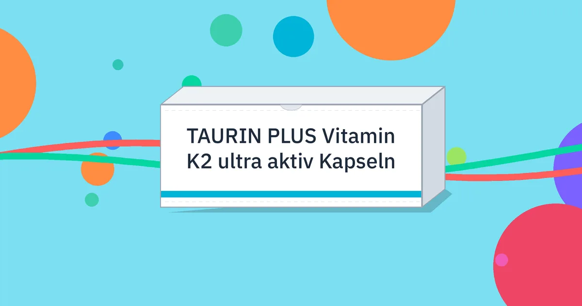 Symbolbild: Packung mit der Aufschrift TAURIN PLUS Vitamin K2 ultra aktiv Kapseln (PZN 18825468) – Verfügbarkeit und Bezug in Apotheken in Frankfurt am Main