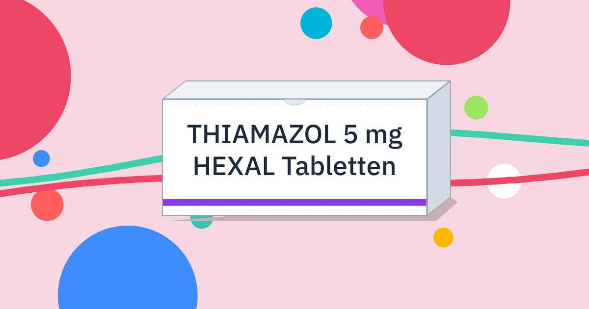 Symbolbild: Packung mit der Aufschrift THIAMAZOL 5 mg HEXAL Tabletten (PZN 01680586) – Verfügbarkeit und Bezug in Apotheken in Frankfurt am Main