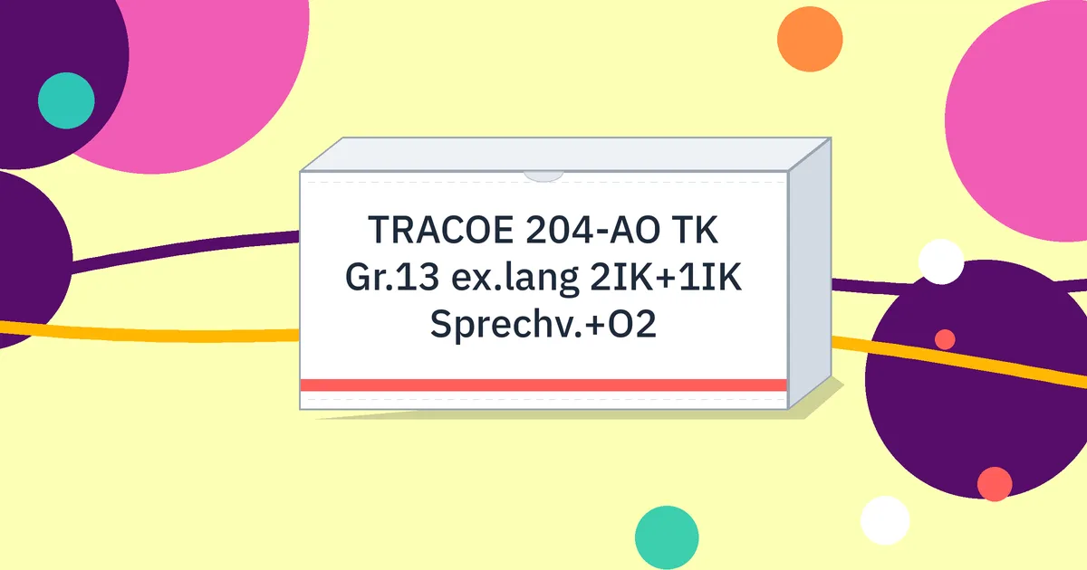Symbolbild: Packung mit der Aufschrift TRACOE 204-AO TK Gr.13 ex.lang 2IK+1IK Sprechv.+O2 (PZN 17274196) – Verfügbarkeit und Bezug in Apotheken in Frankfurt am Main