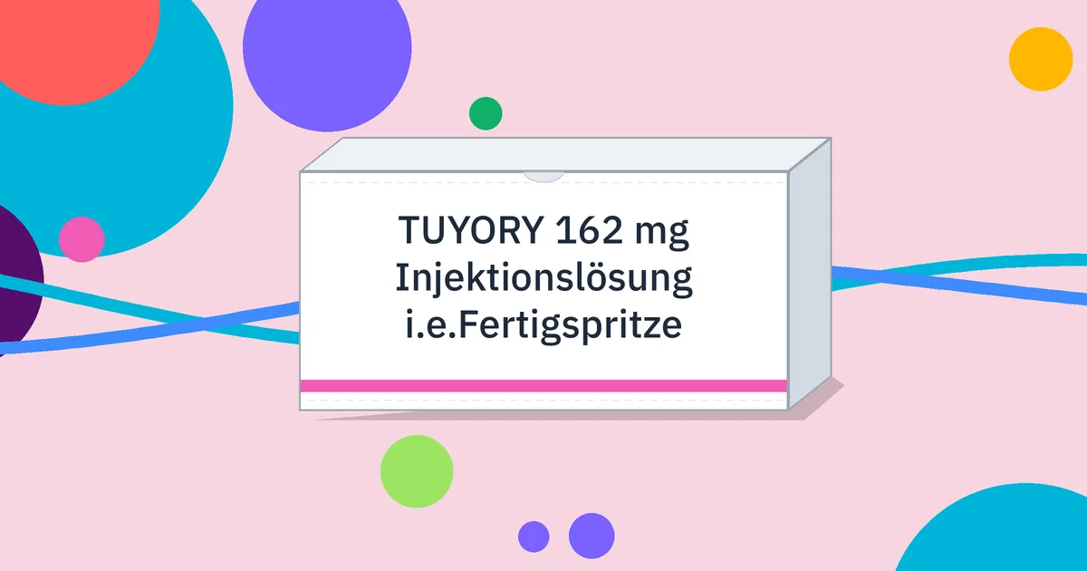 Symbolbild: Packung mit der Aufschrift TUYORY 162 mg Injektionslösung i.e.Fertigspritze (PZN 20634675) – Verfügbarkeit und Bezug in Apotheken in Frankfurt am Main