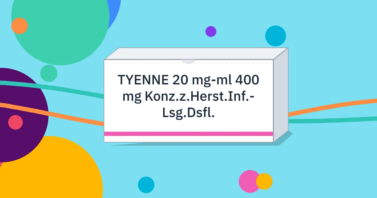 Symbolbild: Packung mit der Aufschrift TYENNE 20 mg-ml 400 mg Konz.z.Herst.Inf.-Lsg.Dsfl. (PZN 19924652) – Verfügbarkeit und Bezug in Apotheken in Frankfurt am Main