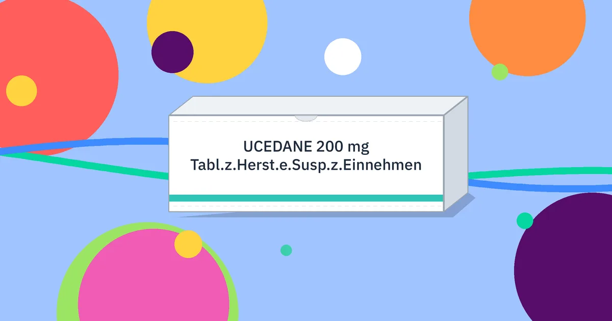 Symbolbild: Packung mit der Aufschrift UCEDANE 200 mg Tabl.z.Herst.e.Susp.z.Einnehmen (PZN 13476454) – Verfügbarkeit und Bezug in Apotheken in Frankfurt am Main
