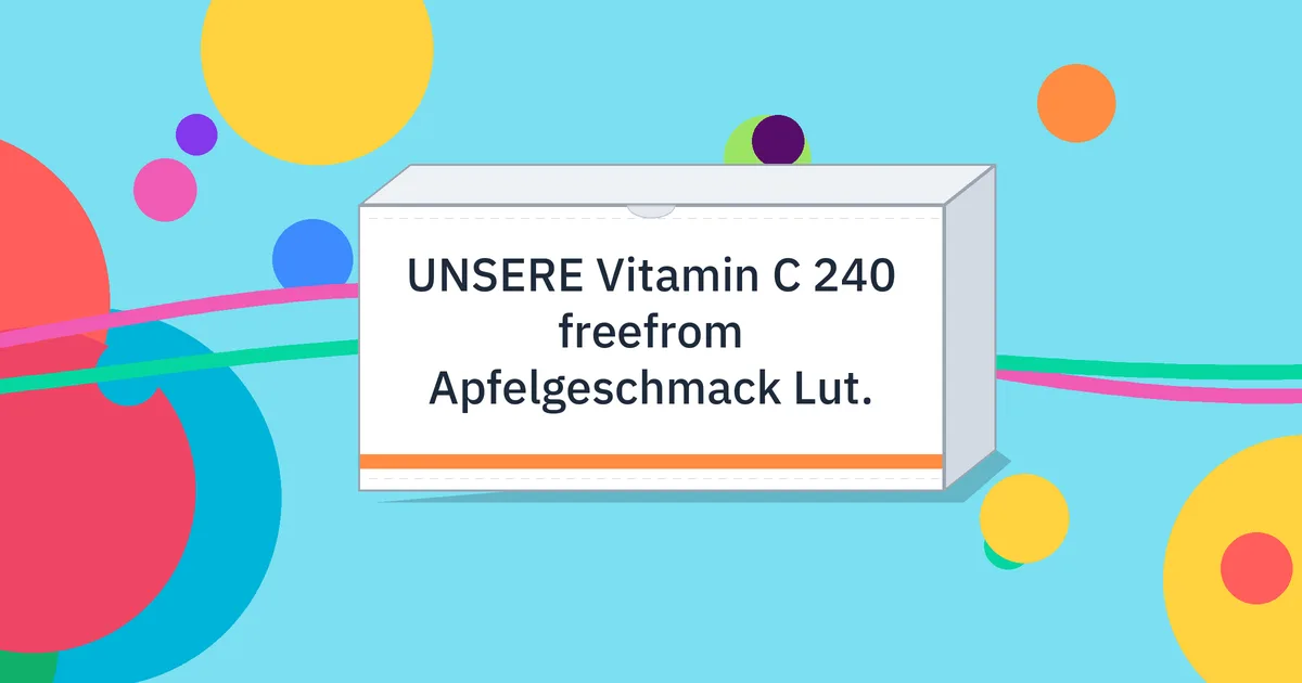 Symbolbild: Packung mit der Aufschrift UNSERE Vitamin C 240 freefrom Apfelgeschmack Lut. (PZN 12900016) – Verfügbarkeit und Bezug in Apotheken in Frankfurt am Main