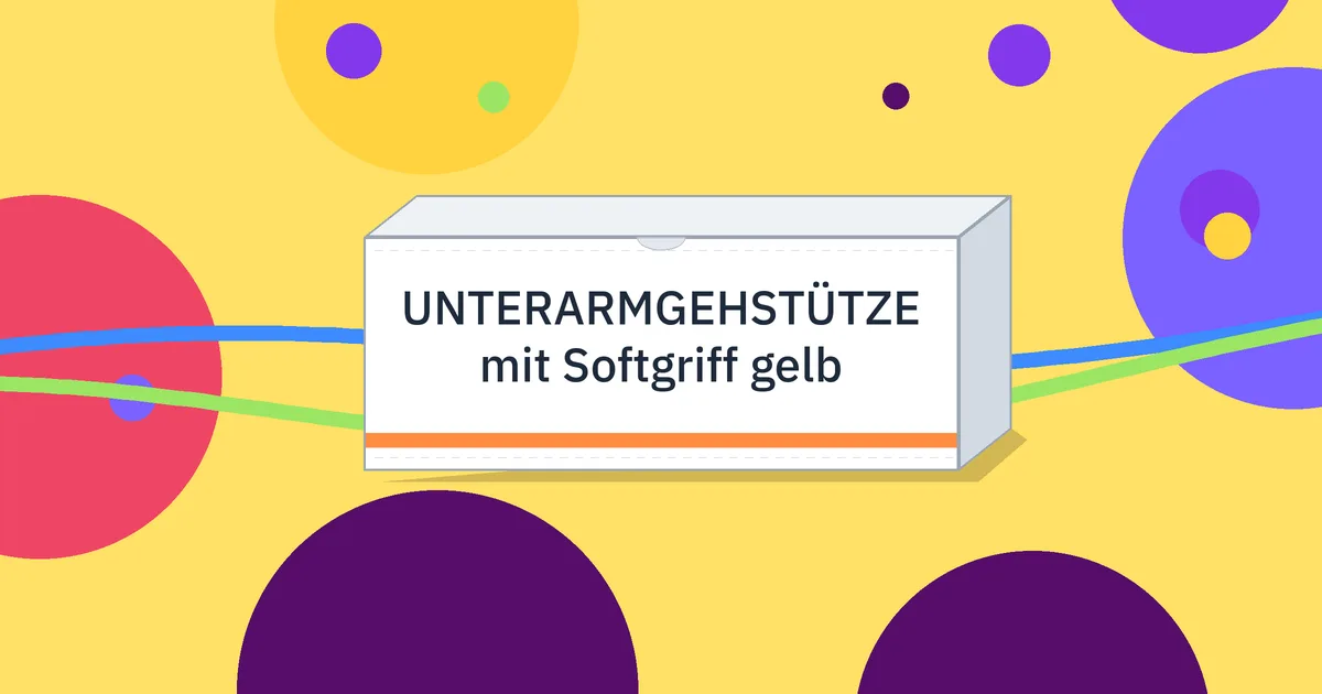 Symbolbild: Packung mit der Aufschrift UNTERARMGEHSTÜTZE mit Softgriff gelb (PZN 10074933) – Verfügbarkeit und Bezug in Apotheken in Frankfurt am Main