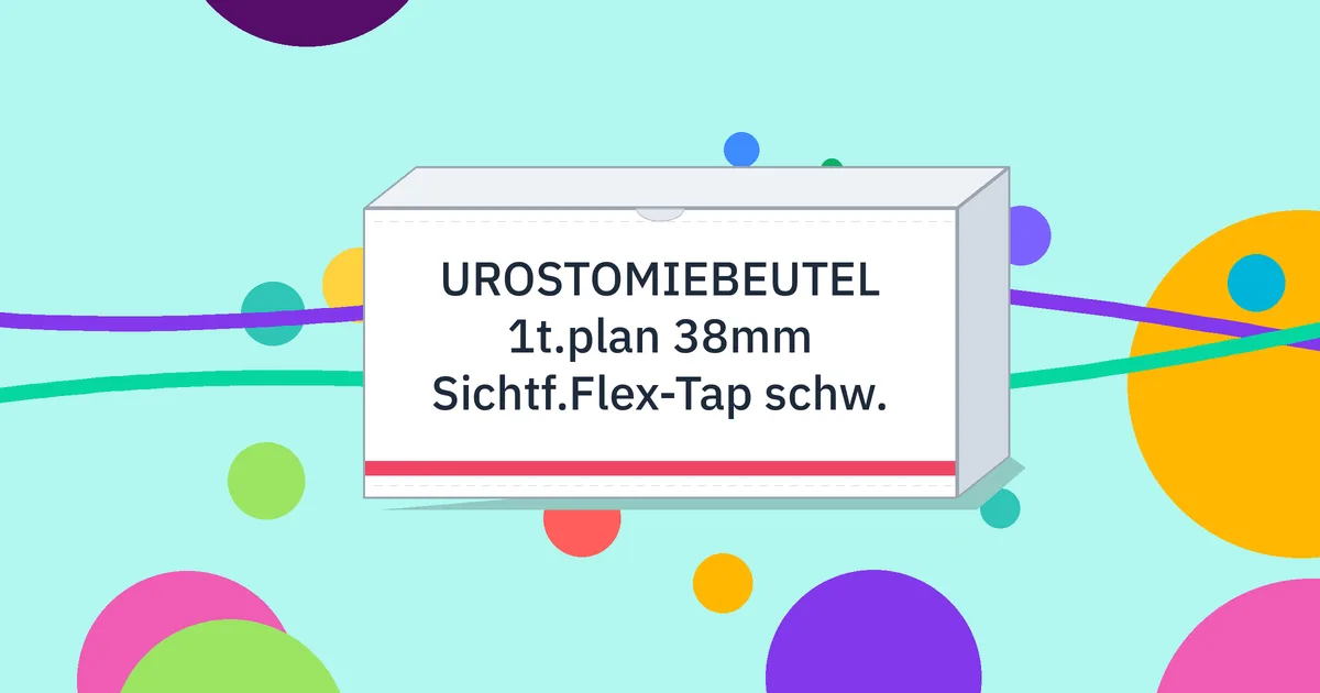 Symbolbild: Packung mit der Aufschrift UROSTOMIEBEUTEL 1t.plan 38mm Sichtf.Flex-Tap schw. (PZN 18424143) – Verfügbarkeit und Bezug in Apotheken in Frankfurt am Main