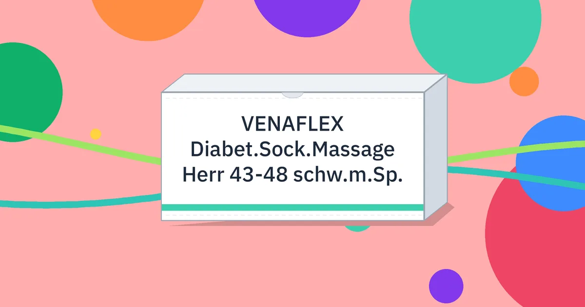 Symbolbild: Packung mit der Aufschrift VENAFLEX Diabet.Sock.Massage Herr 43-48 schw.m.Sp. (PZN 18309548) – Verfügbarkeit und Bezug in Apotheken in Frankfurt am Main