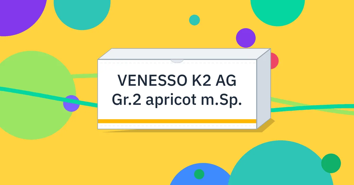 Symbolbild: Packung mit der Aufschrift VENESSO K2 AG Gr.2 apricot m.Sp. (PZN 03275594) – Verfügbarkeit und Bezug in Apotheken in Frankfurt am Main