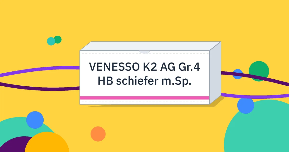 Symbolbild: Packung mit der Aufschrift VENESSO K2 AG Gr.4 HB schiefer m.Sp. (PZN 03263817) – Verfügbarkeit und Bezug in Apotheken in Frankfurt am Main