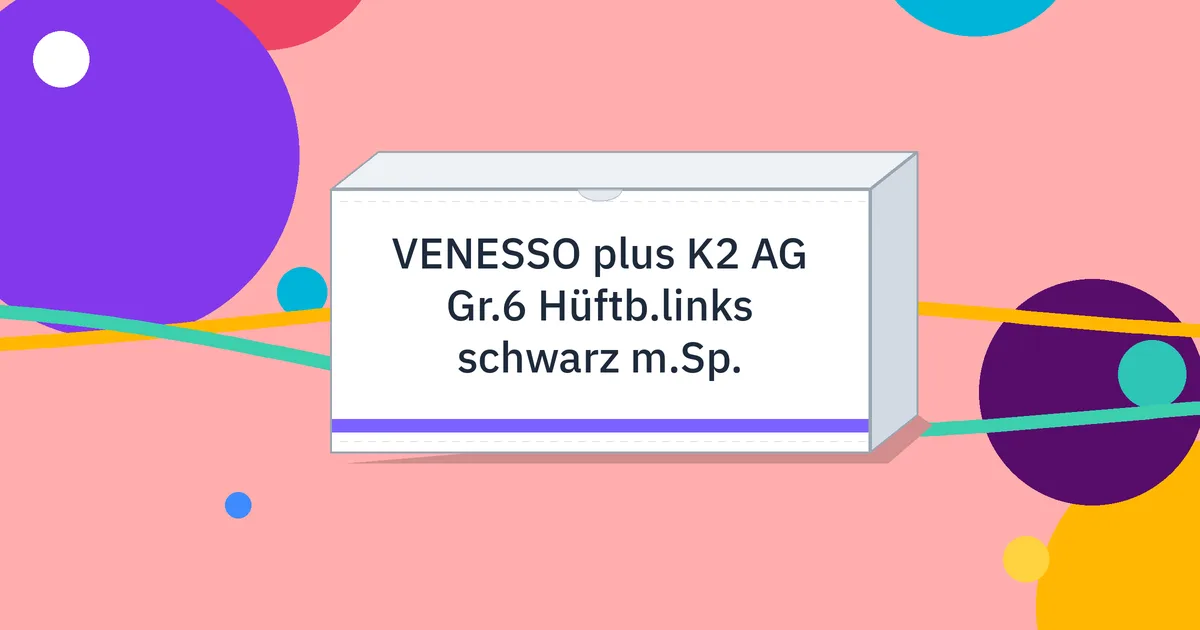Symbolbild: Packung mit der Aufschrift VENESSO plus K2 AG Gr.6 Hüftb.links schwarz m.Sp. (PZN 03308299) – Verfügbarkeit und Bezug in Apotheken in Frankfurt am Main