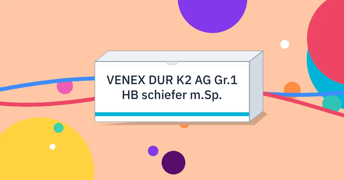 Symbolbild: Packung mit der Aufschrift VENEX DUR K2 AG Gr.1 HB schiefer m.Sp. (PZN 03218900) – Verfügbarkeit und Bezug in Apotheken in Frankfurt am Main