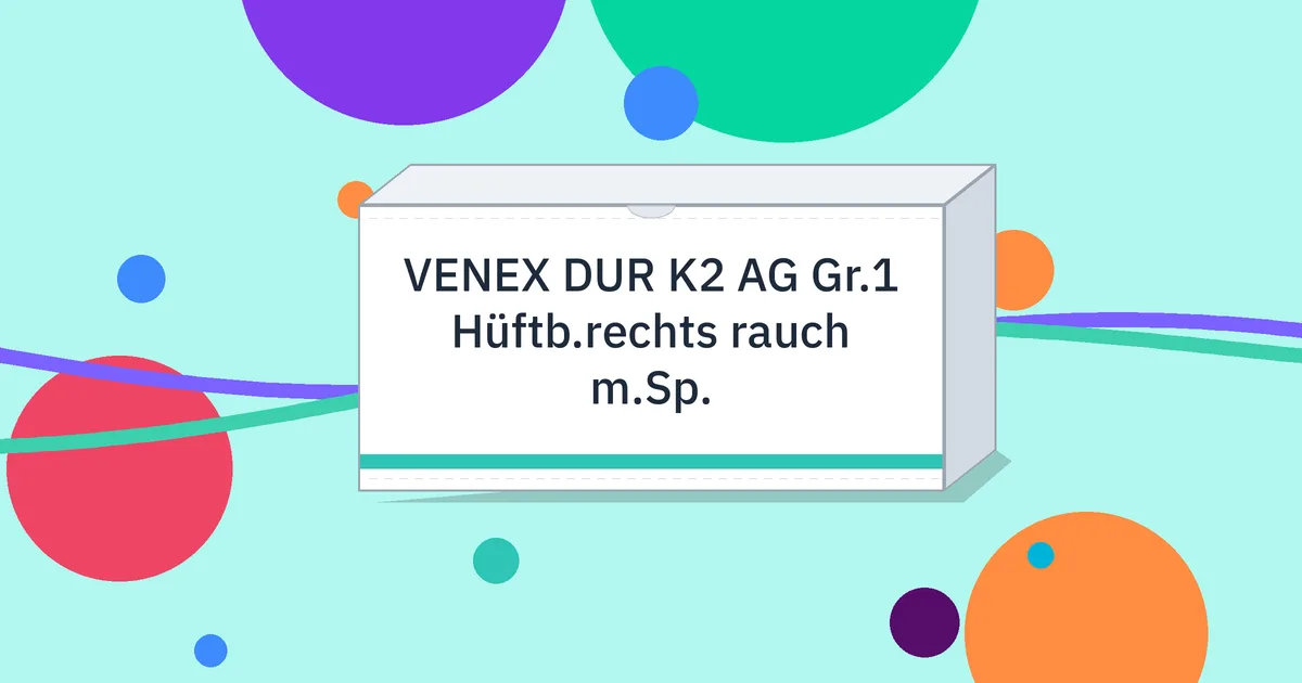Symbolbild: Packung mit der Aufschrift VENEX DUR K2 AG Gr.1 Hüftb.rechts rauch m.Sp. (PZN 03227980) – Verfügbarkeit und Bezug in Apotheken in Frankfurt am Main
