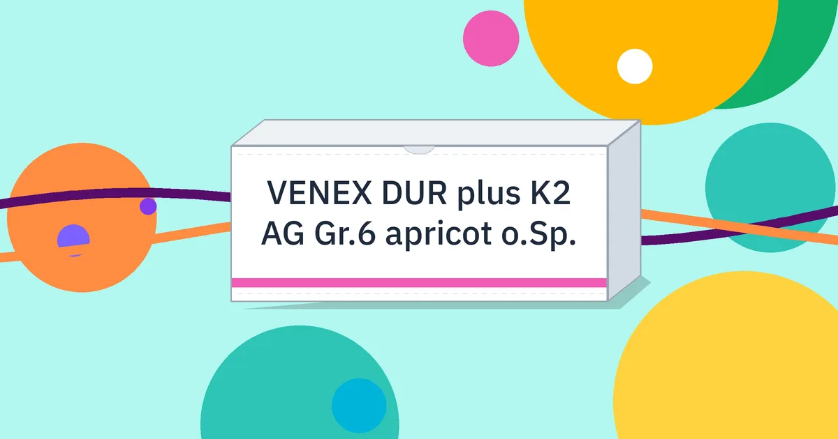 Symbolbild: Packung mit der Aufschrift VENEX DUR plus K2 AG Gr.6 apricot o.Sp. (PZN 03236051) – Verfügbarkeit und Bezug in Apotheken in Frankfurt am Main