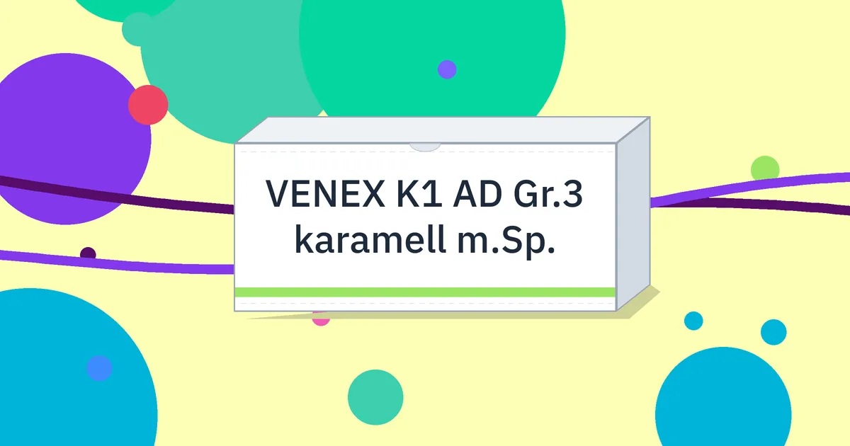 Symbolbild: Packung mit der Aufschrift VENEX K1 AD Gr.3 karamell m.Sp. (PZN 13757176) – Verfügbarkeit und Bezug in Apotheken in Frankfurt am Main