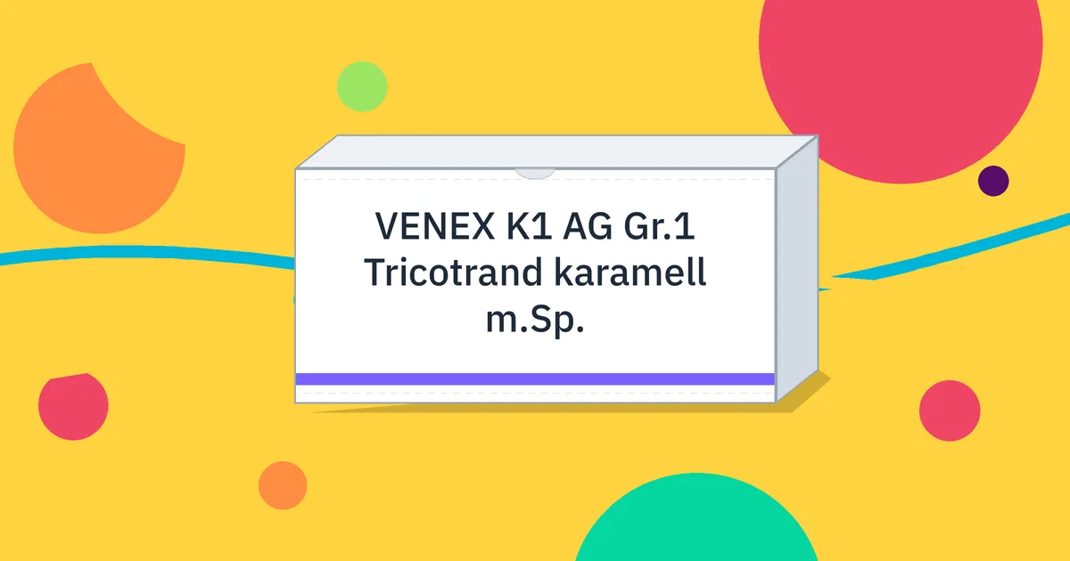Symbolbild: Packung mit der Aufschrift VENEX K1 AG Gr.1 Tricotrand karamell m.Sp. (PZN 13762616) – Verfügbarkeit und Bezug in Apotheken in Frankfurt am Main