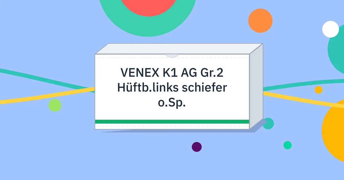 Symbolbild: Packung mit der Aufschrift VENEX K1 AG Gr.2 Hüftb.links schiefer o.Sp. (PZN 03206280) – Verfügbarkeit und Bezug in Apotheken in Frankfurt am Main