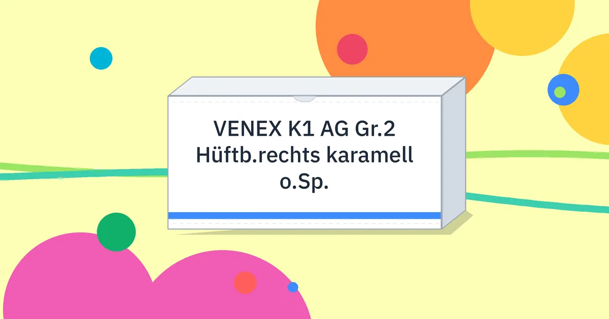 Symbolbild: Packung mit der Aufschrift VENEX K1 AG Gr.2 Hüftb.rechts karamell o.Sp. (PZN 13760994) – Verfügbarkeit und Bezug in Apotheken in Frankfurt am Main
