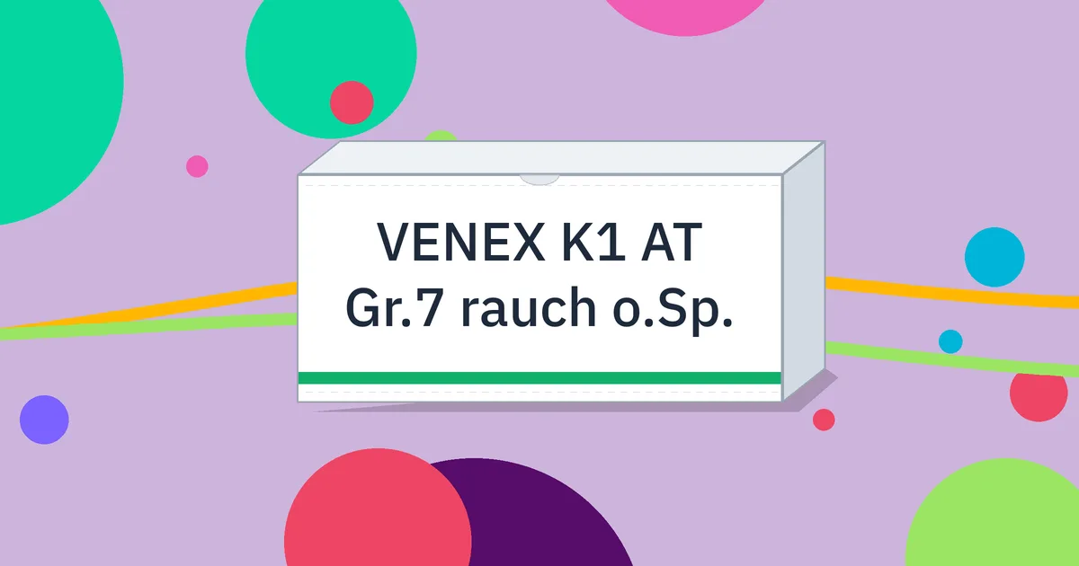 Symbolbild: Packung mit der Aufschrift VENEX K1 AT Gr.7 rauch o.Sp. (PZN 03197486) – Verfügbarkeit und Bezug in Apotheken in Frankfurt am Main
