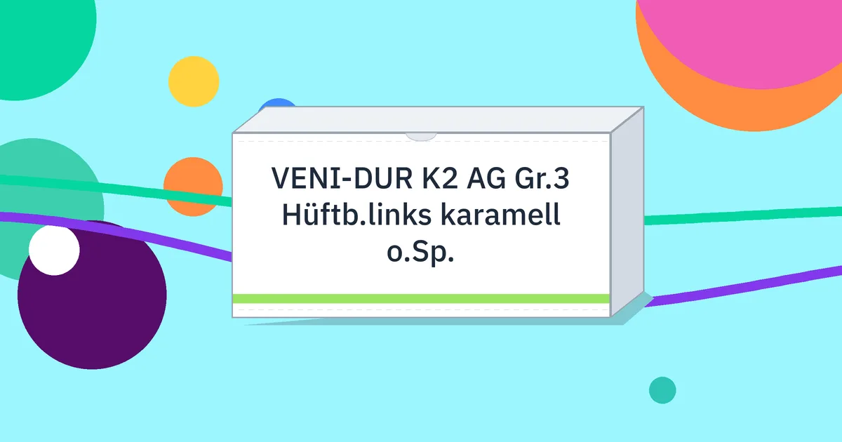 Symbolbild: Packung mit der Aufschrift VENI-DUR K2 AG Gr.3 Hüftb.links karamell o.Sp. (PZN 13760617) – Verfügbarkeit und Bezug in Apotheken in Frankfurt am Main